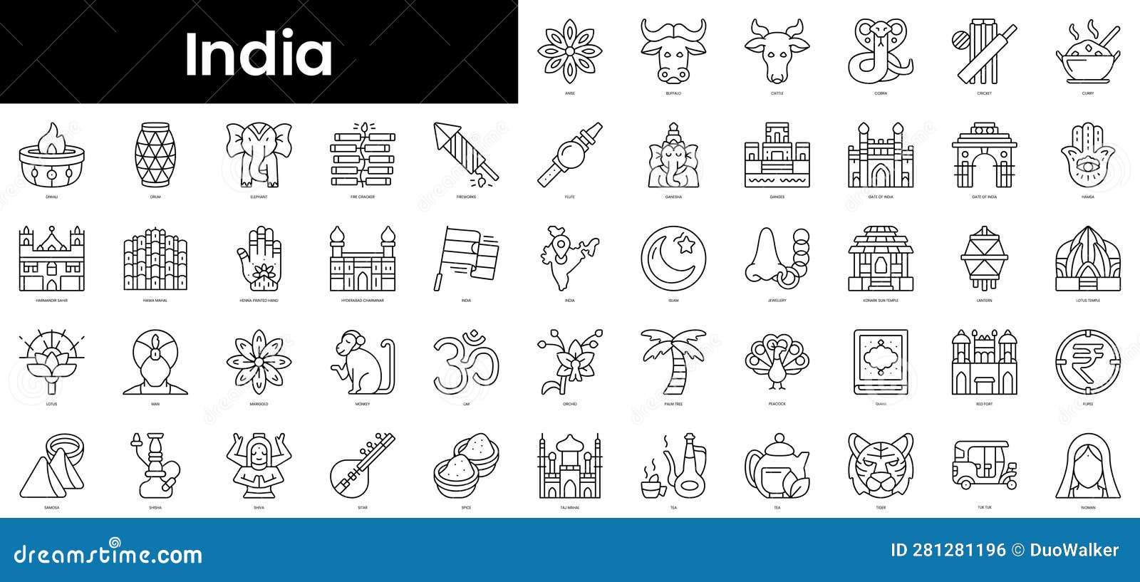 Set of Outline India Icons. Minimalist Thin Linear Web Icon Set Stock ...