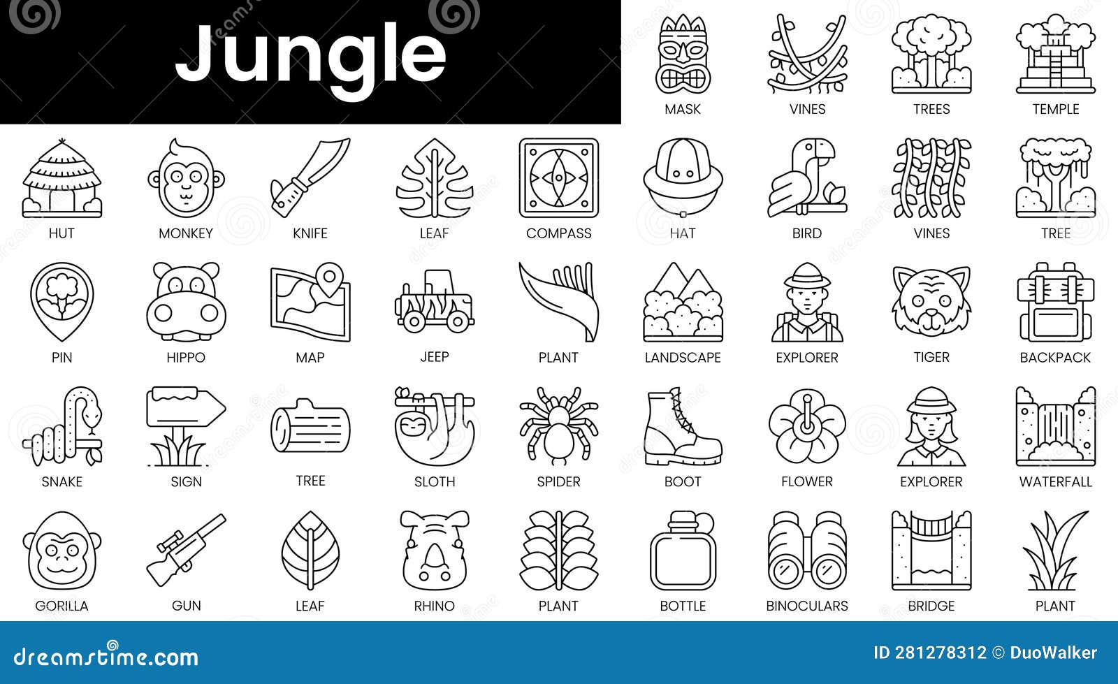 Set of Outline Jungle Icons. Minimalist Thin Linear Web Icon Set Stock ...
