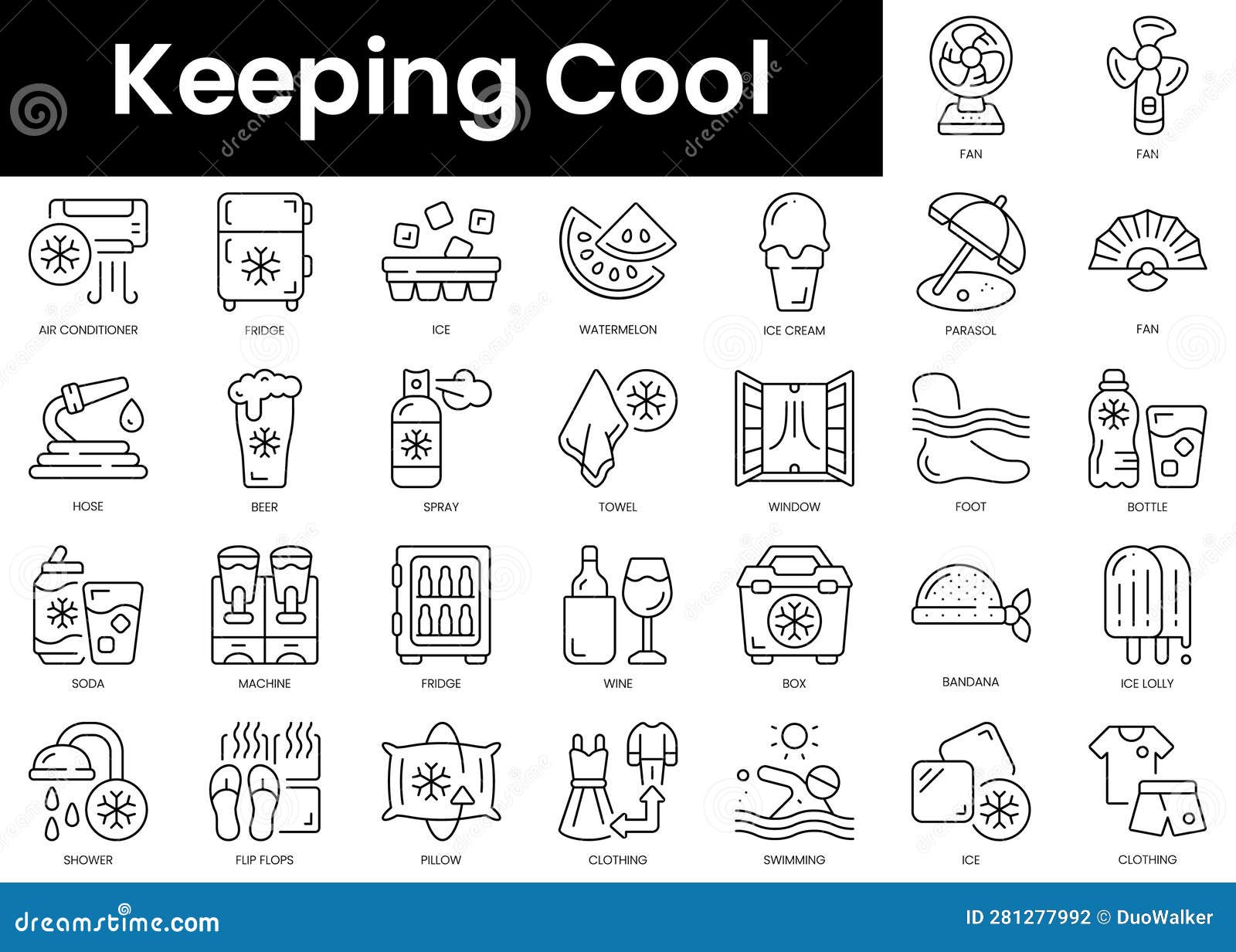 Set of Outline Keeping Cool Icons. Minimalist Thin Linear Web Icon Set ...