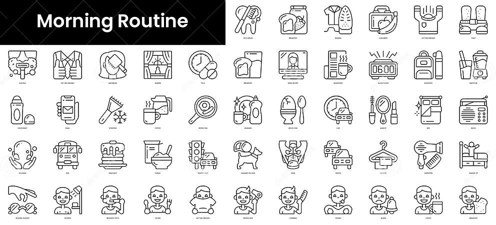 Set of Outline Morning Routine Icons. Minimalist Thin Linear Web Icon ...