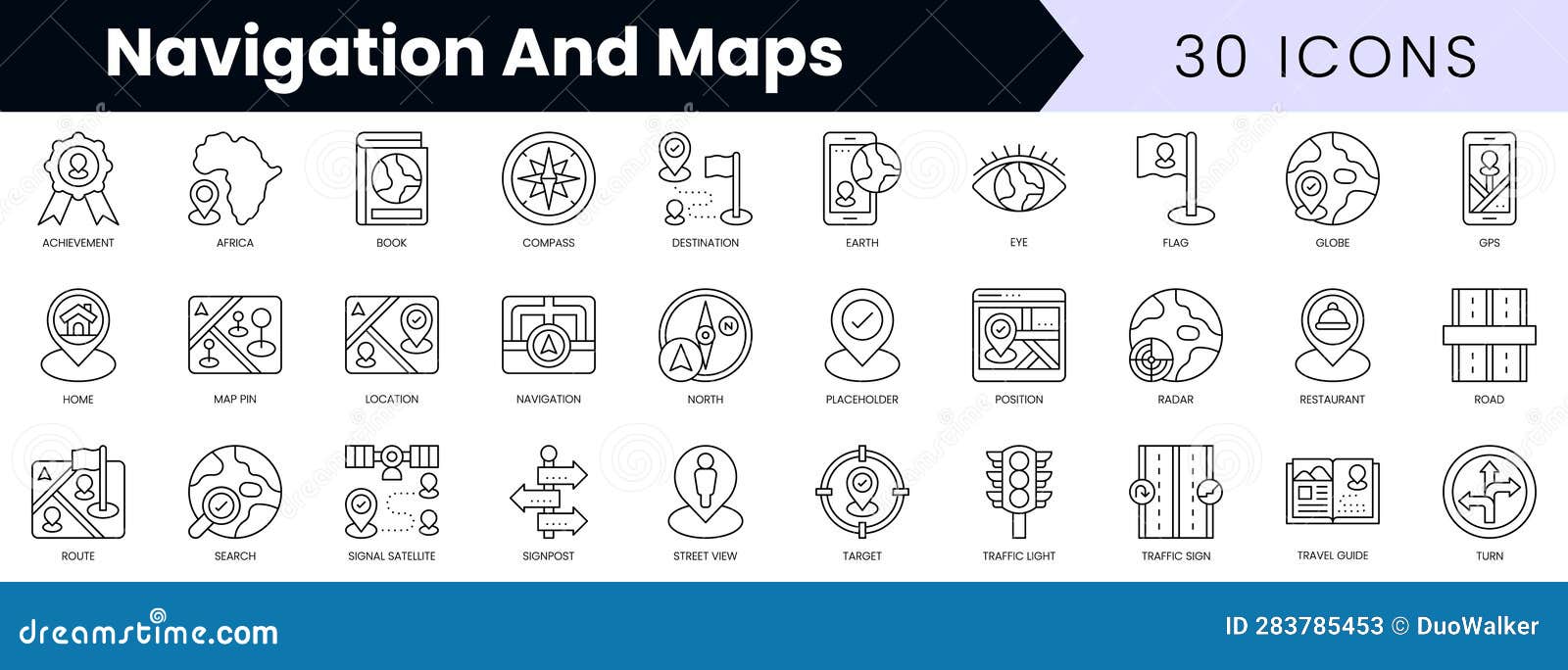 Set of Outline Navigation and Maps Icons. Minimalist Thin Linear Web ...