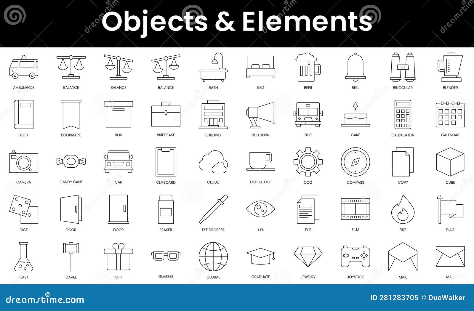 Set Of Outline Objects And Elements Icons Minimalist Thin Linear Web Icon Set Stock Vector