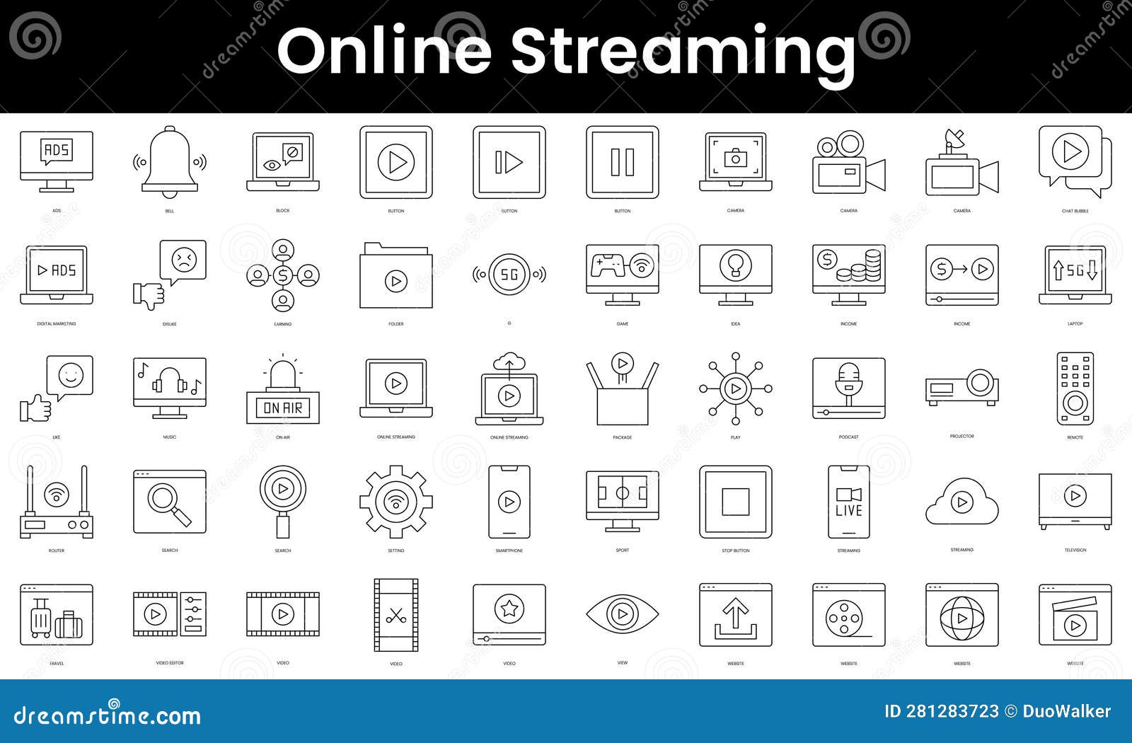 Set of Outline Online Streaming Icons. Minimalist Thin Linear Web Icon ...