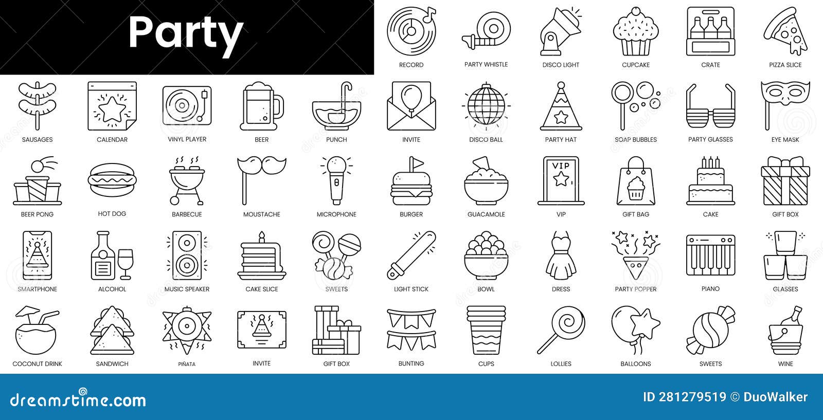 Set of Outline Party Icons. Minimalist Thin Linear Web Icon Set Stock ...
