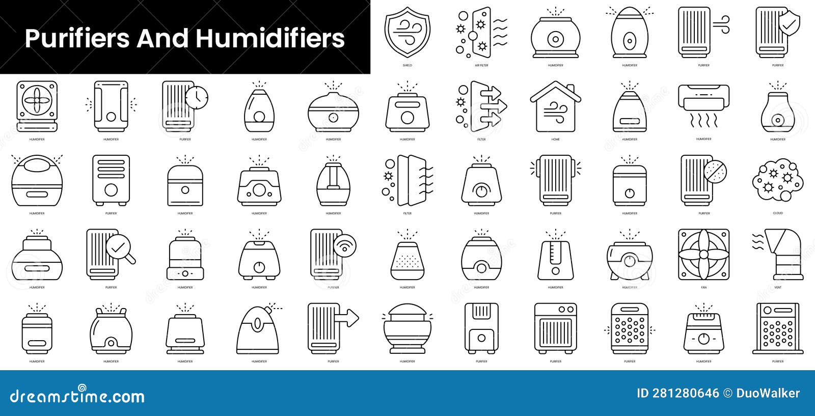 Set Of Outline Purifiers And Humidifiers Icons. Minimalist Thin Linear ...