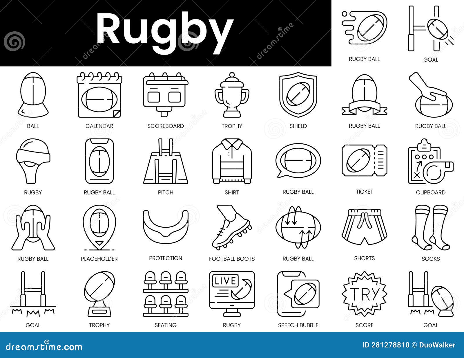 Set of Outline Rugby Icons. Minimalist Thin Linear Web Icon Set Stock ...
