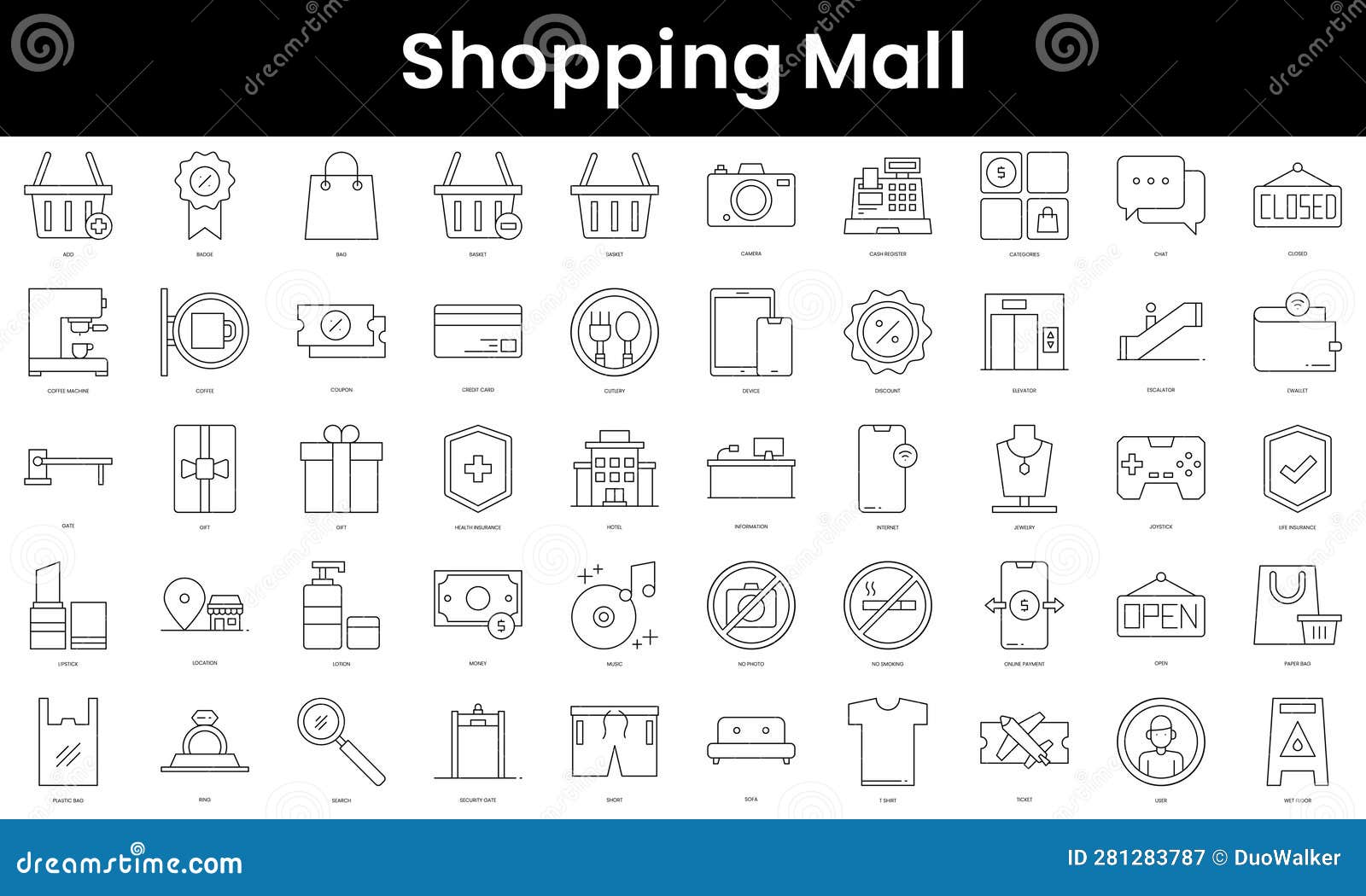 Set of Outline Shopping Mall Icons. Minimalist Thin Linear Web Icon Set ...