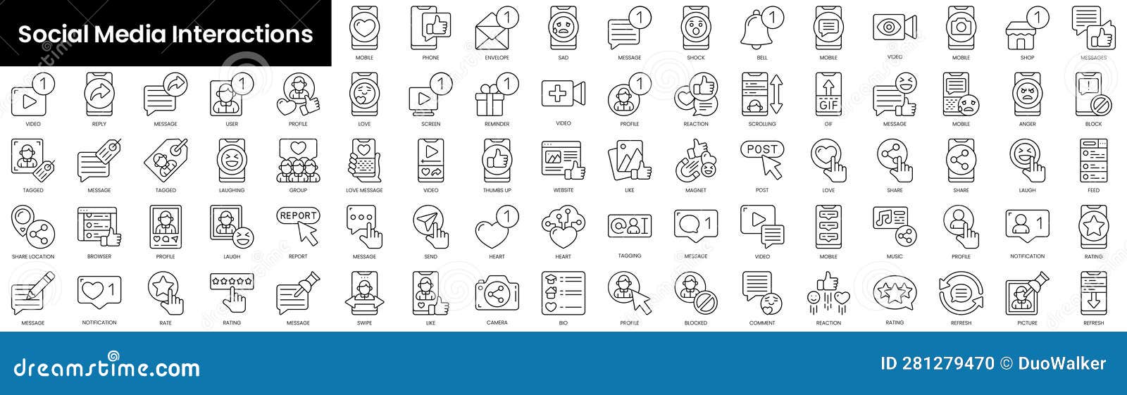 Set of Outline Social Media Interactions Icons. Minimalist Thin Linear ...