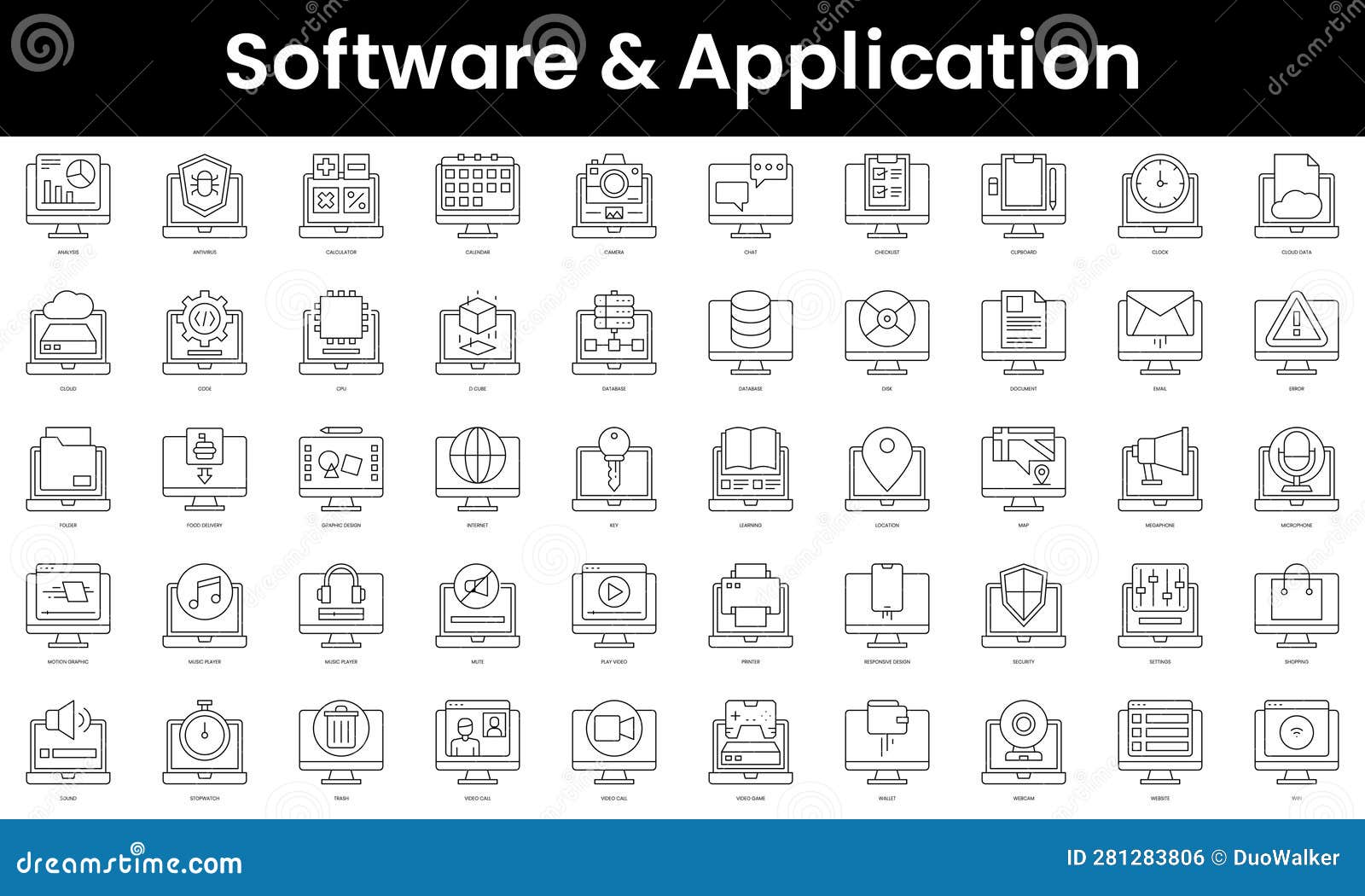 Set Of Outline Software And Application Icons Minimalist Thin Linear Web Icon Set Stock Vector