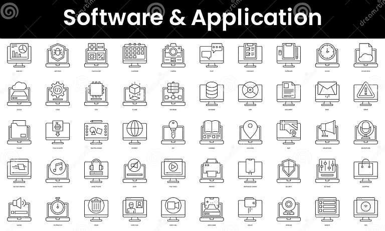 Set of Outline Software and Application Icons. Minimalist Thin Linear Web Icon Set Stock Vector ...