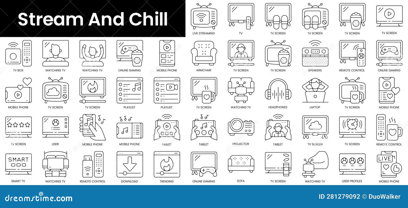 Set of Outline Stream and Chill Icons. Minimalist Thin Linear Web Icon ...