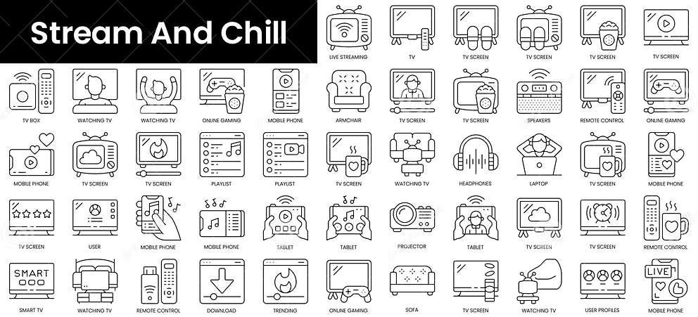 Set of Outline Stream and Chill Icons. Minimalist Thin Linear Web Icon ...