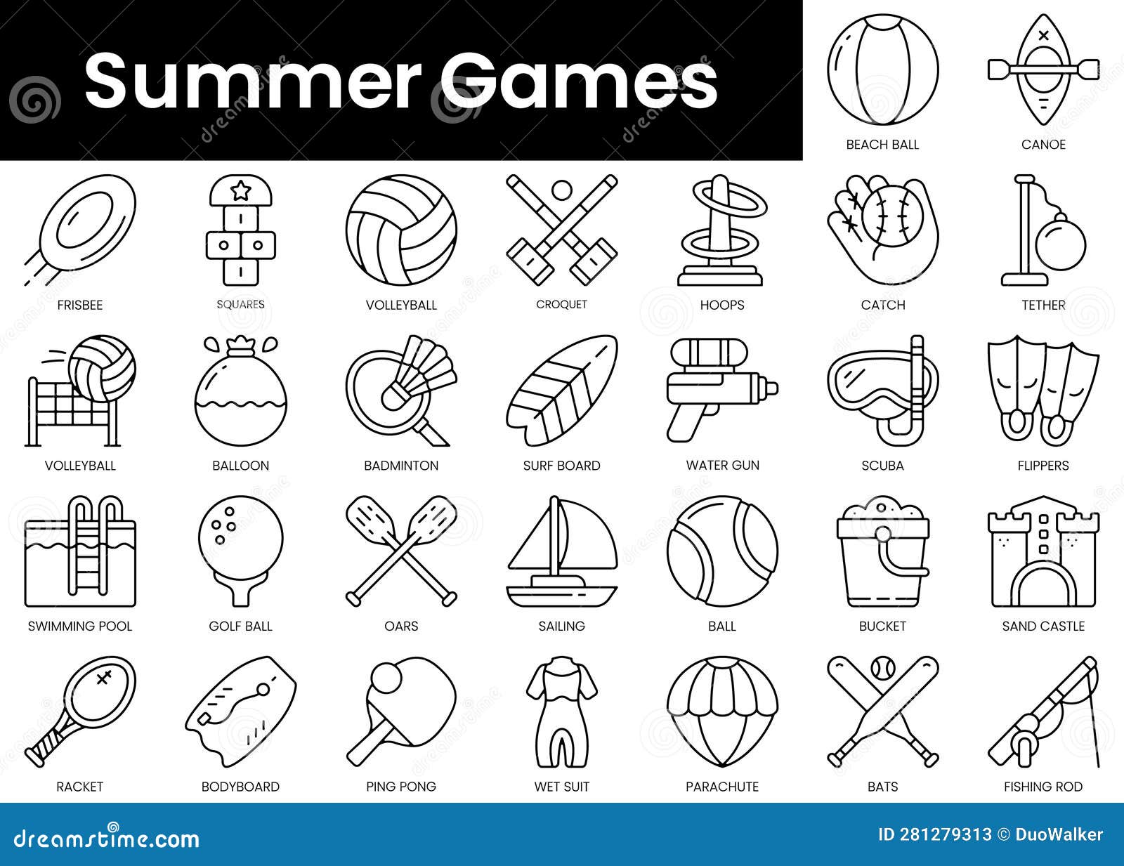Set of Outline Summer Games Icons. Minimalist Thin Linear Web Icon Set ...