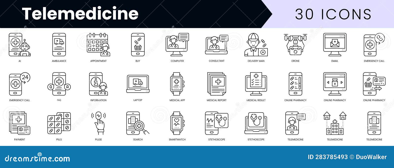 Telemedicine Linear Icons Set. Virtual, Consultation, Diagnosis, Remote ...