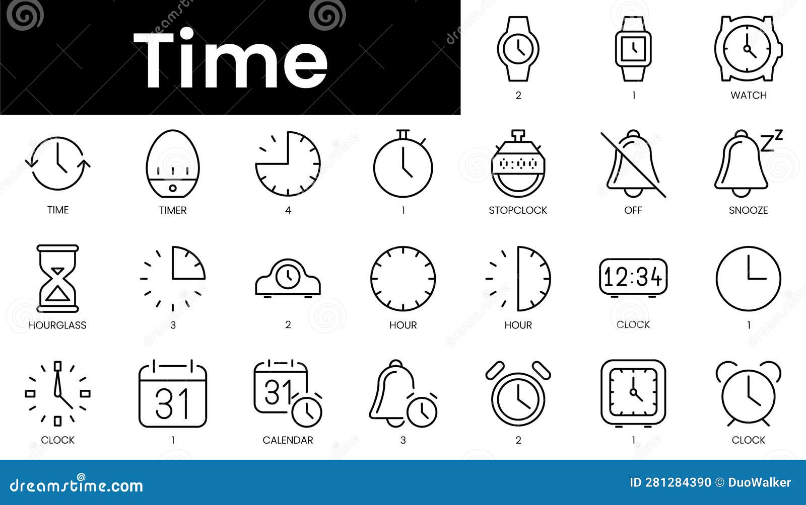 Outline Time, Face Biometrics And Thunderstorm Weather Line Icons. For ...