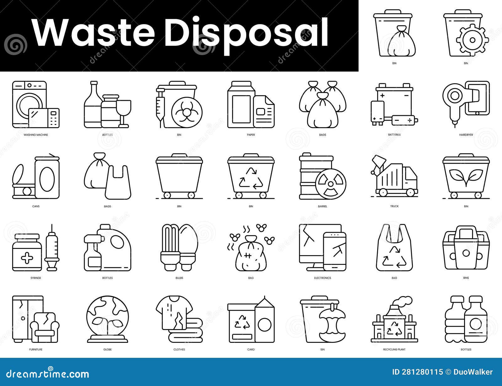 Set of Outline Waste Disposal Icons. Minimalist Thin Linear Web Icons ...