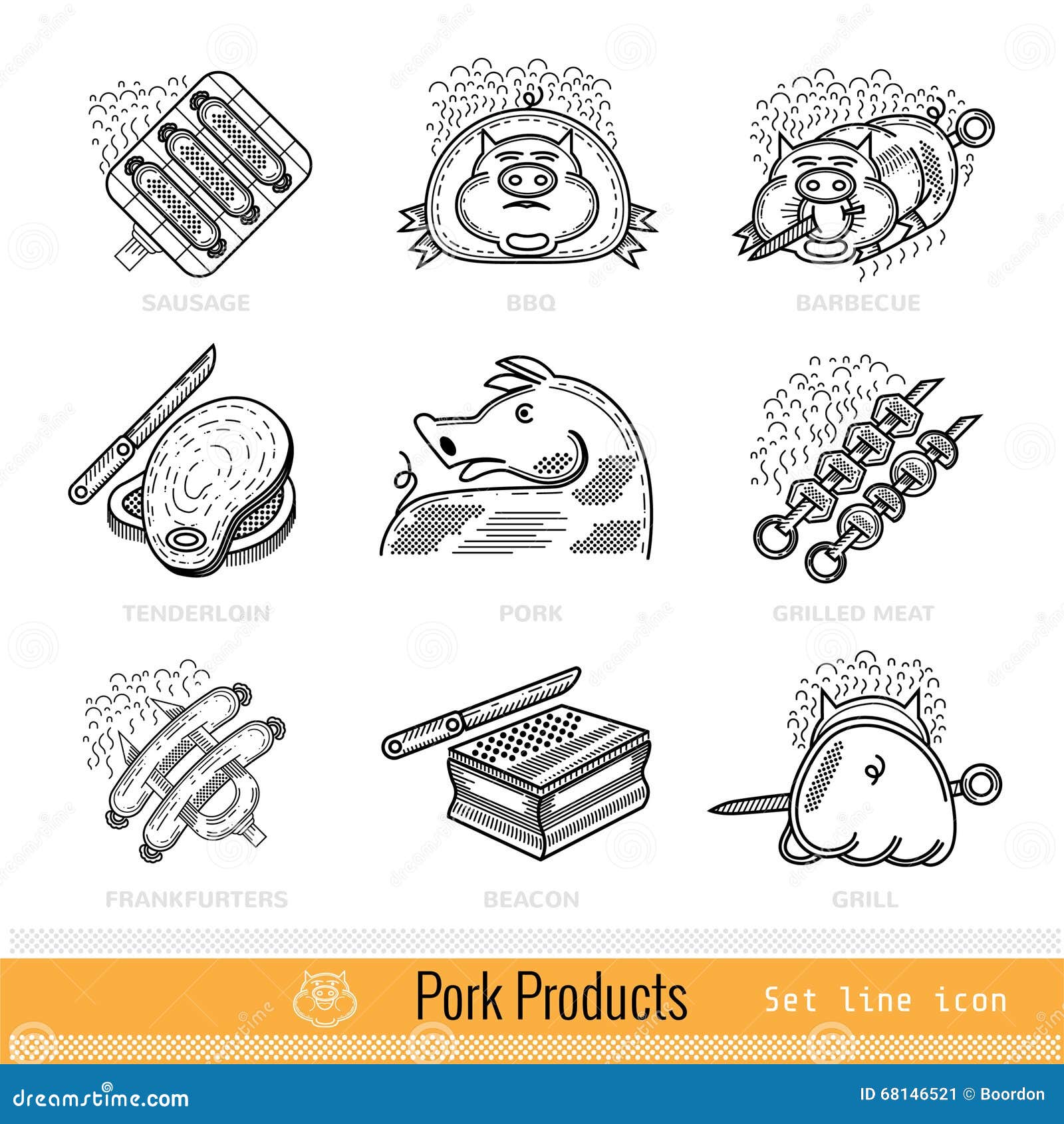 Set of Outline Web Icon. Meat Grill BBQ Pork Products Stock Vector ...