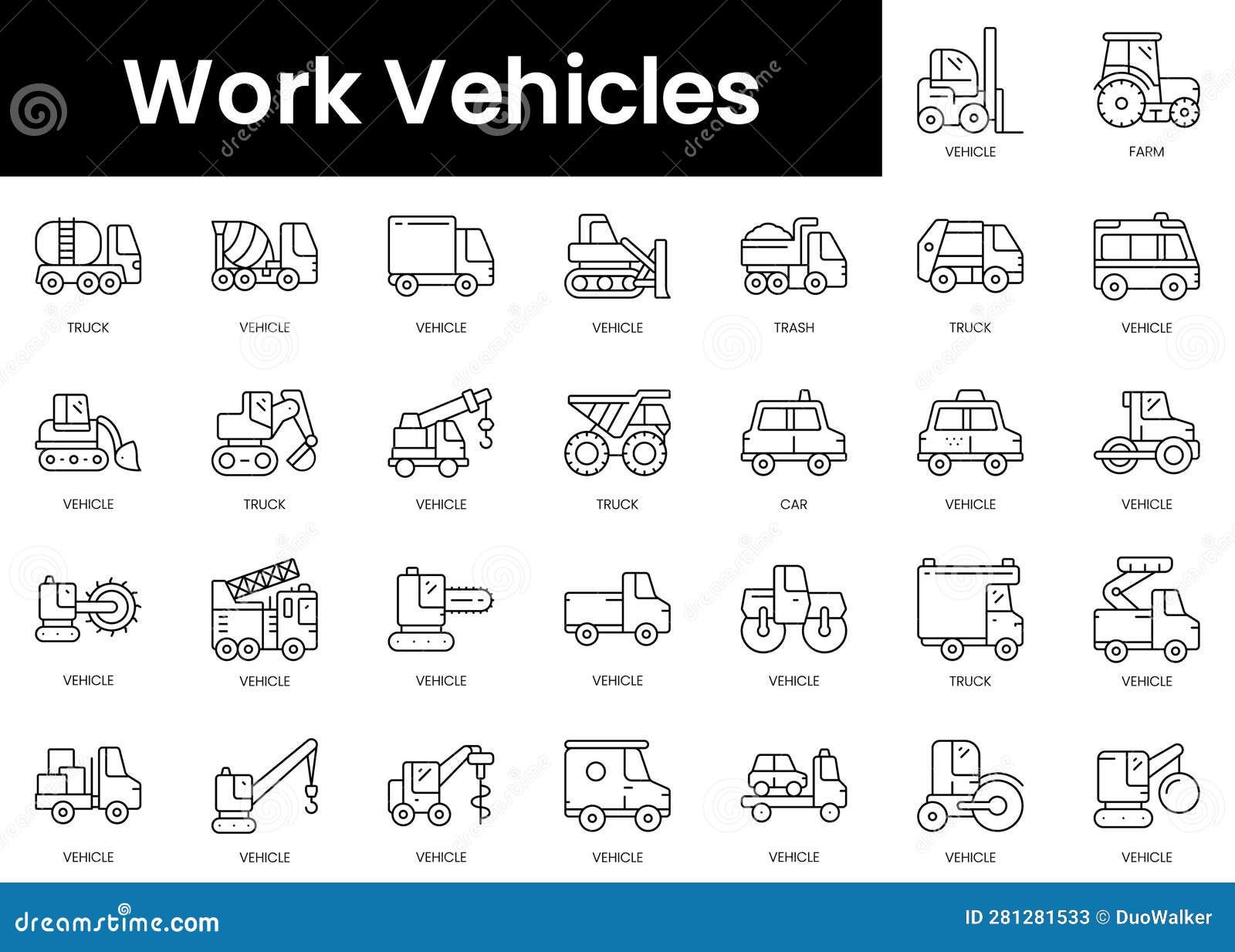 Set of Outline Work Vehicles Icons. Minimalist Thin Linear Web Icon Set ...