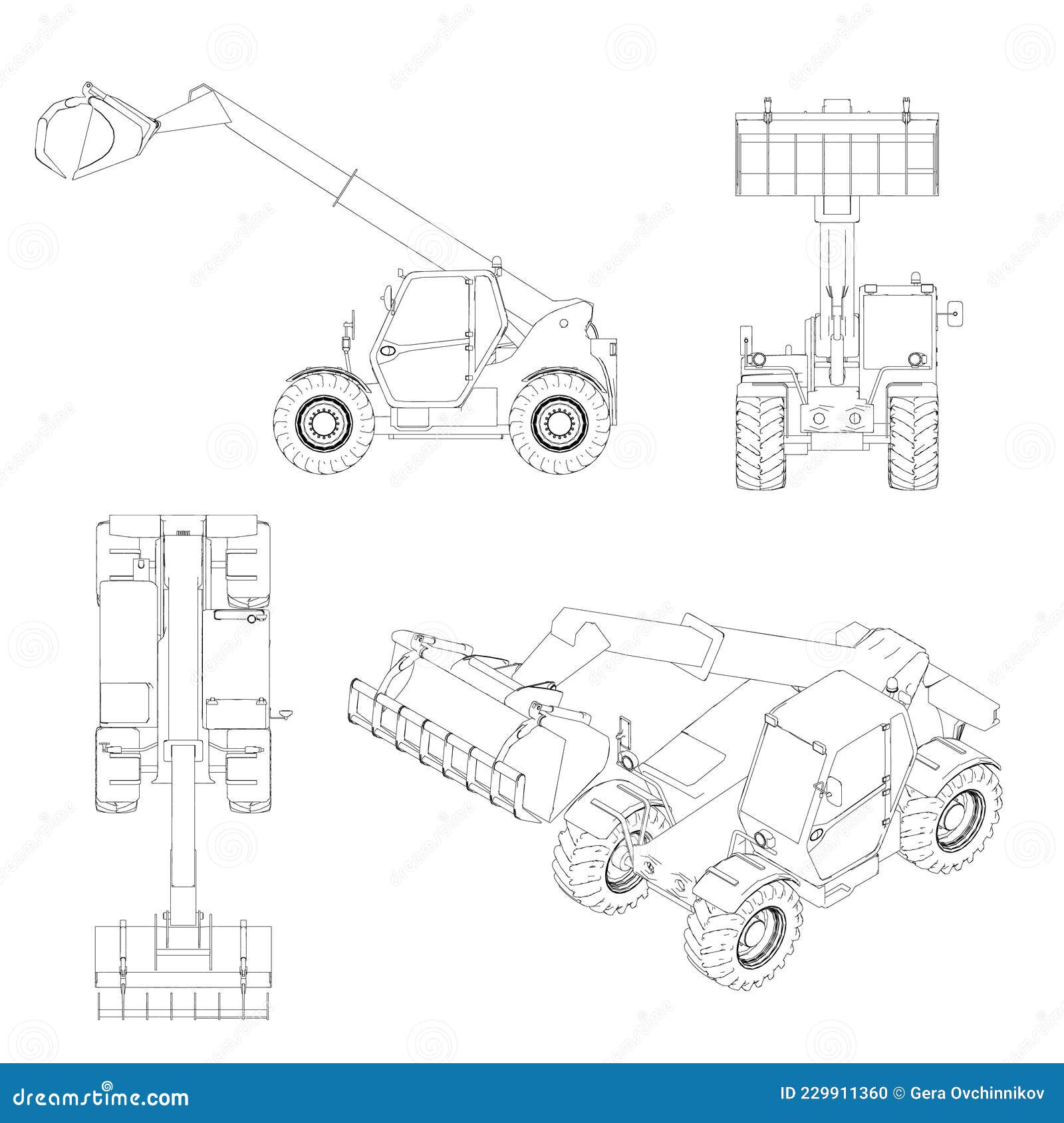 Set with Outlines of a Backhoe Loader from Black Lines Isolated on a ...