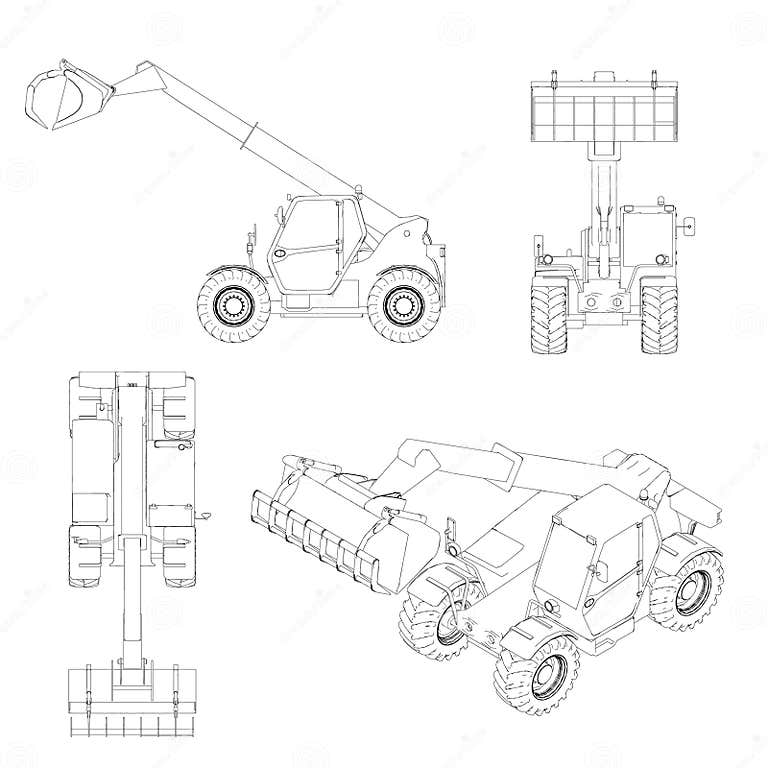 Set with Outlines of a Backhoe Loader from Black Lines Isolated on a ...