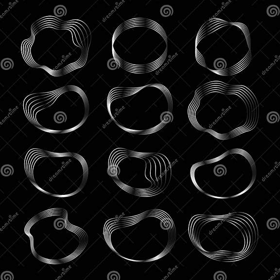 Set of Oval Wavy Silver Frames on a Black Background, Art Deco Silver ...