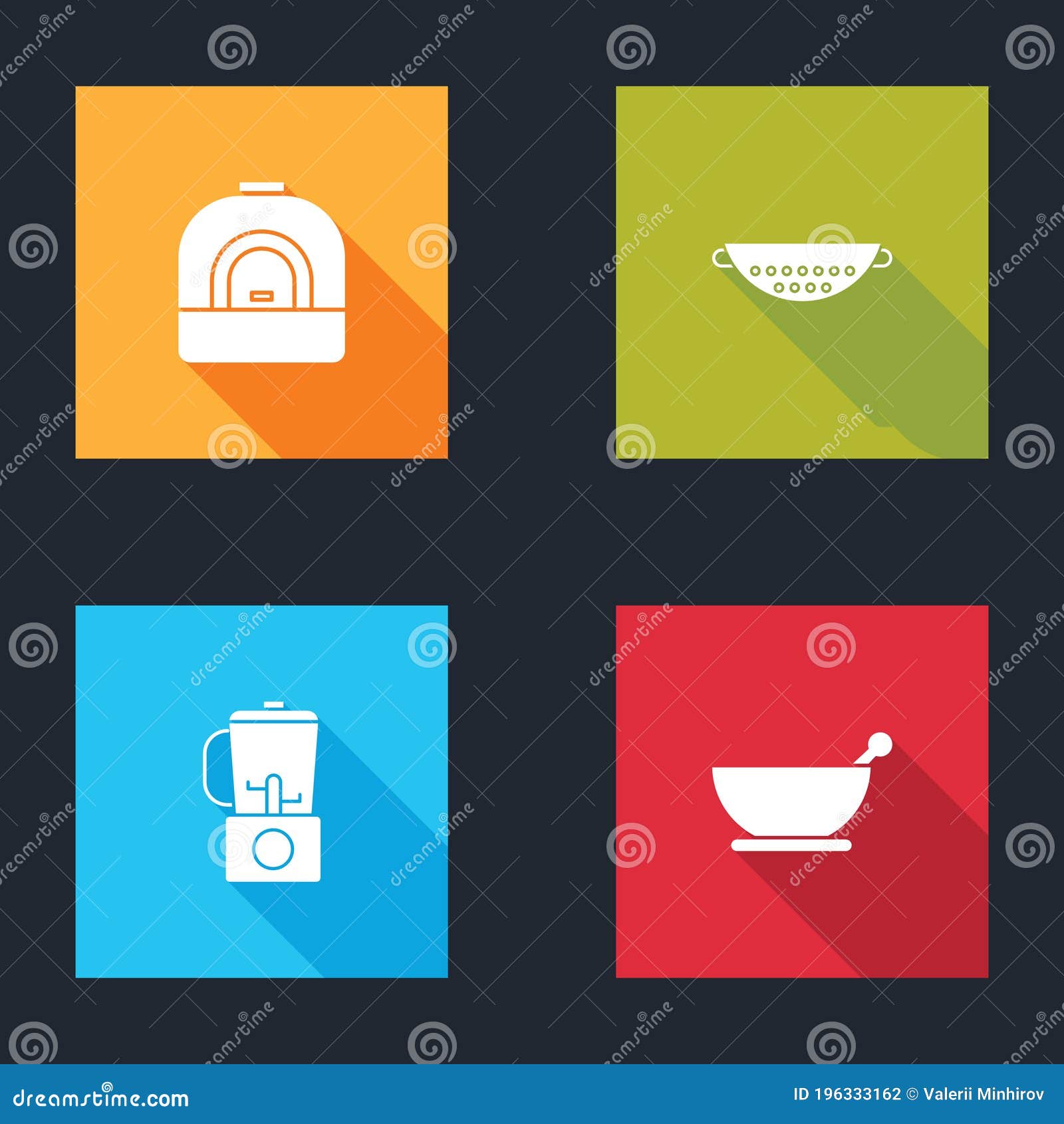 Set Oven, Kitchen Colander, Blender and Mortar Pestle Icon. Vector ...