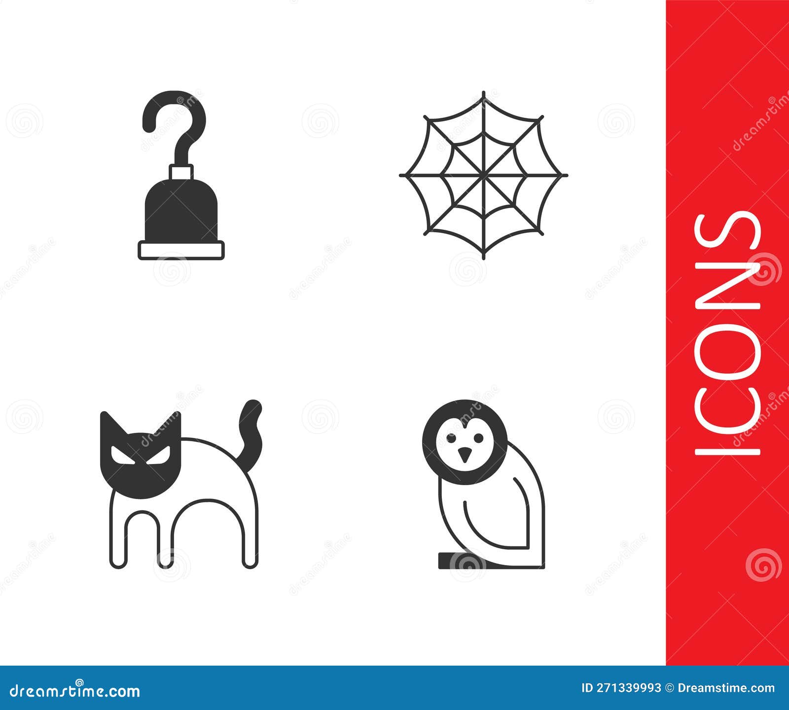 Set Owl Bird, Pirate Hook, Black Cat and Spider Web Icon. Vector Stock ...