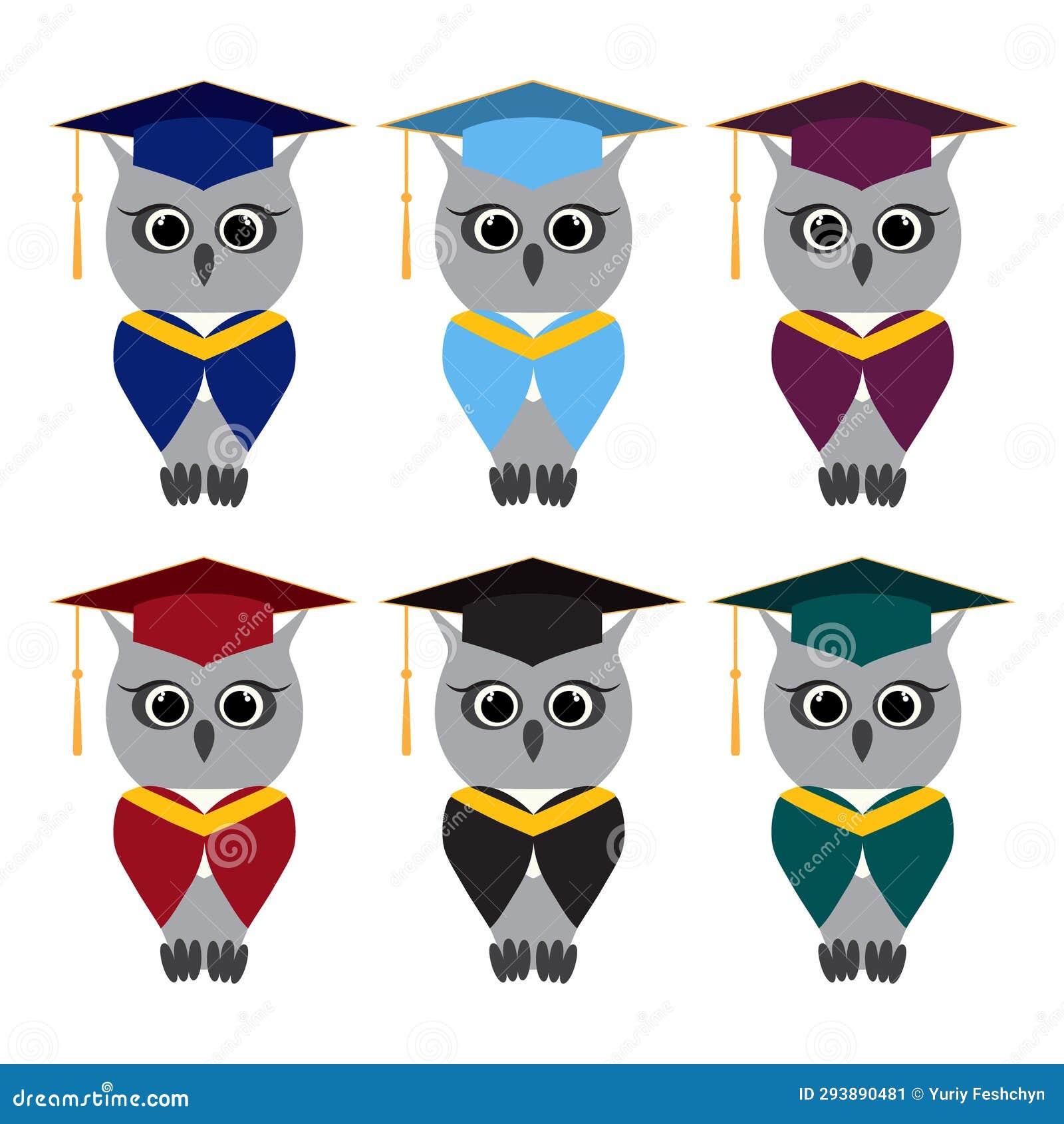 Set Of Owl In A Graduate Hats And Mantles Of Different Colors. Vector ...