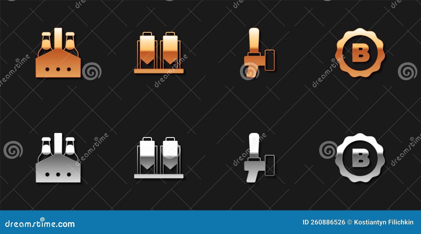 Set Pack of Beer Bottles, Beer Brewing Process, Tap and Bottle Cap with ...