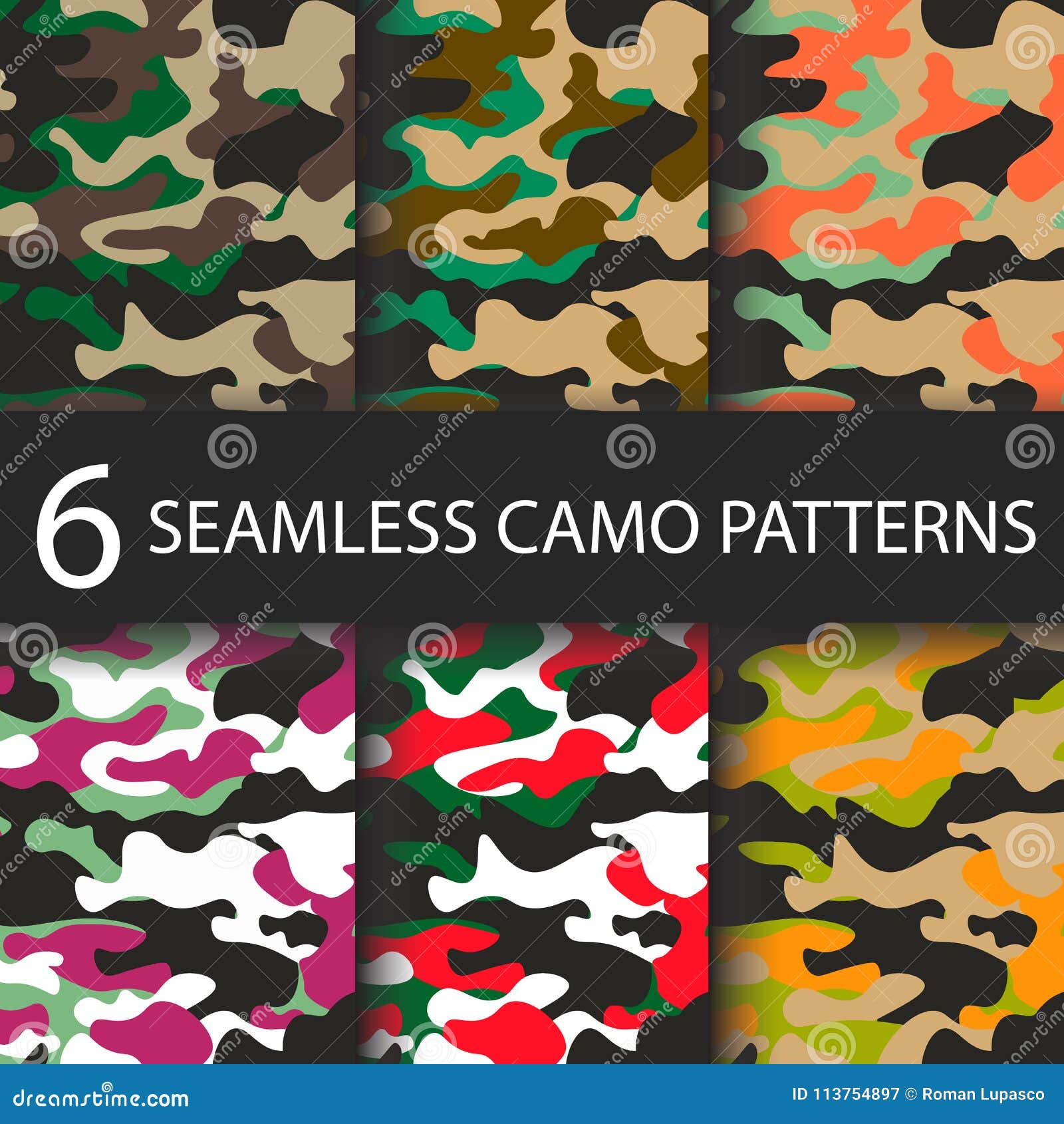 Set of 6 Pack Camouflage Seamless Patterns Background with Black Shadow ...