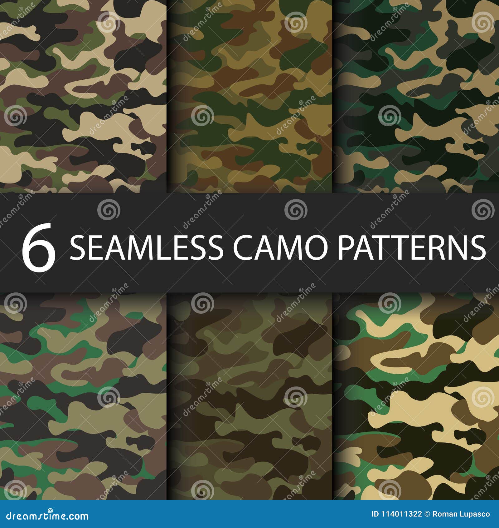 Set of 6 Pack Camouflage Seamless Patterns Background with Black Shadow ...