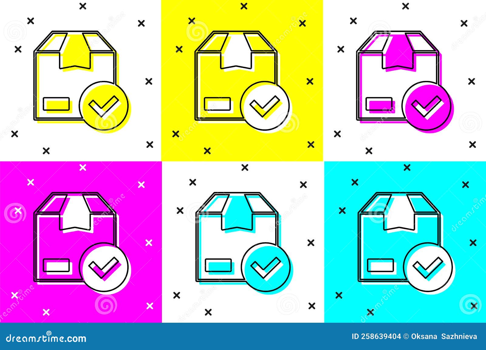 Set Package Box with Check Mark Icon Isolated on Color Background ...