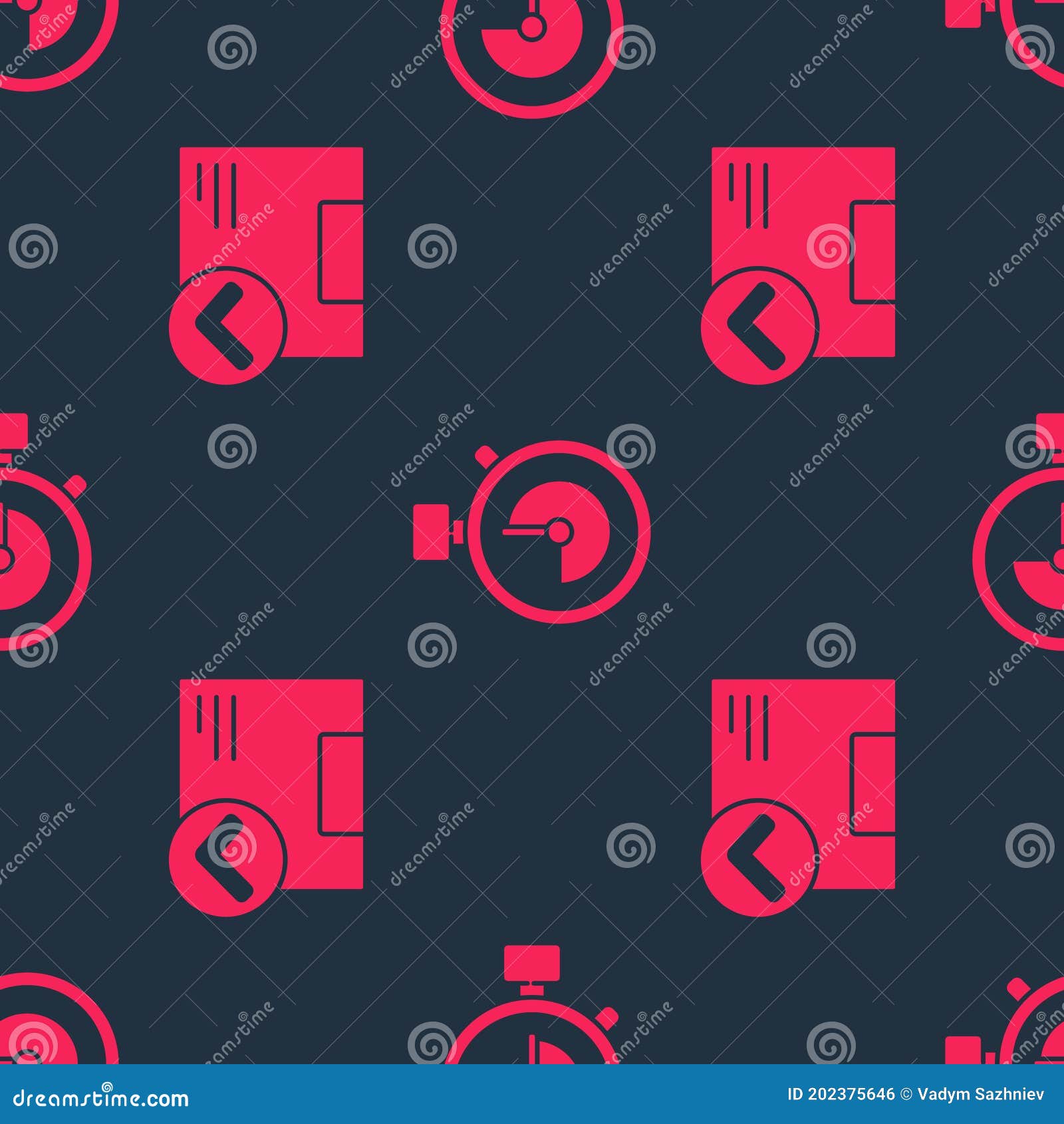 Set Package Box with Check Mark and Stopwatch on Seamless Pattern ...