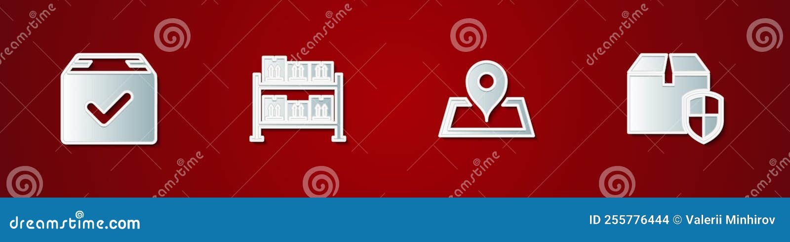 Set Package Box with Check Mark, Warehouse, Placeholder on Map and ...