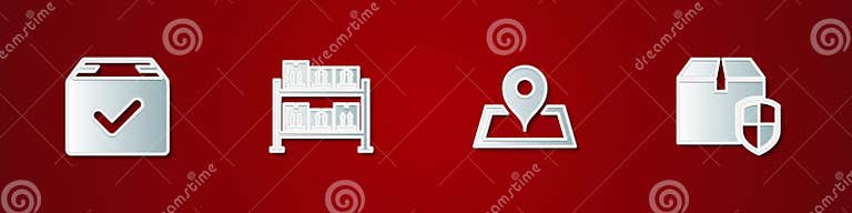 Set Package Box with Check Mark, Warehouse, Placeholder on Map and ...