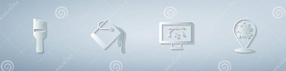 Set Paint Brush, Bucket, Computer with Design Program and Spray. Paper ...
