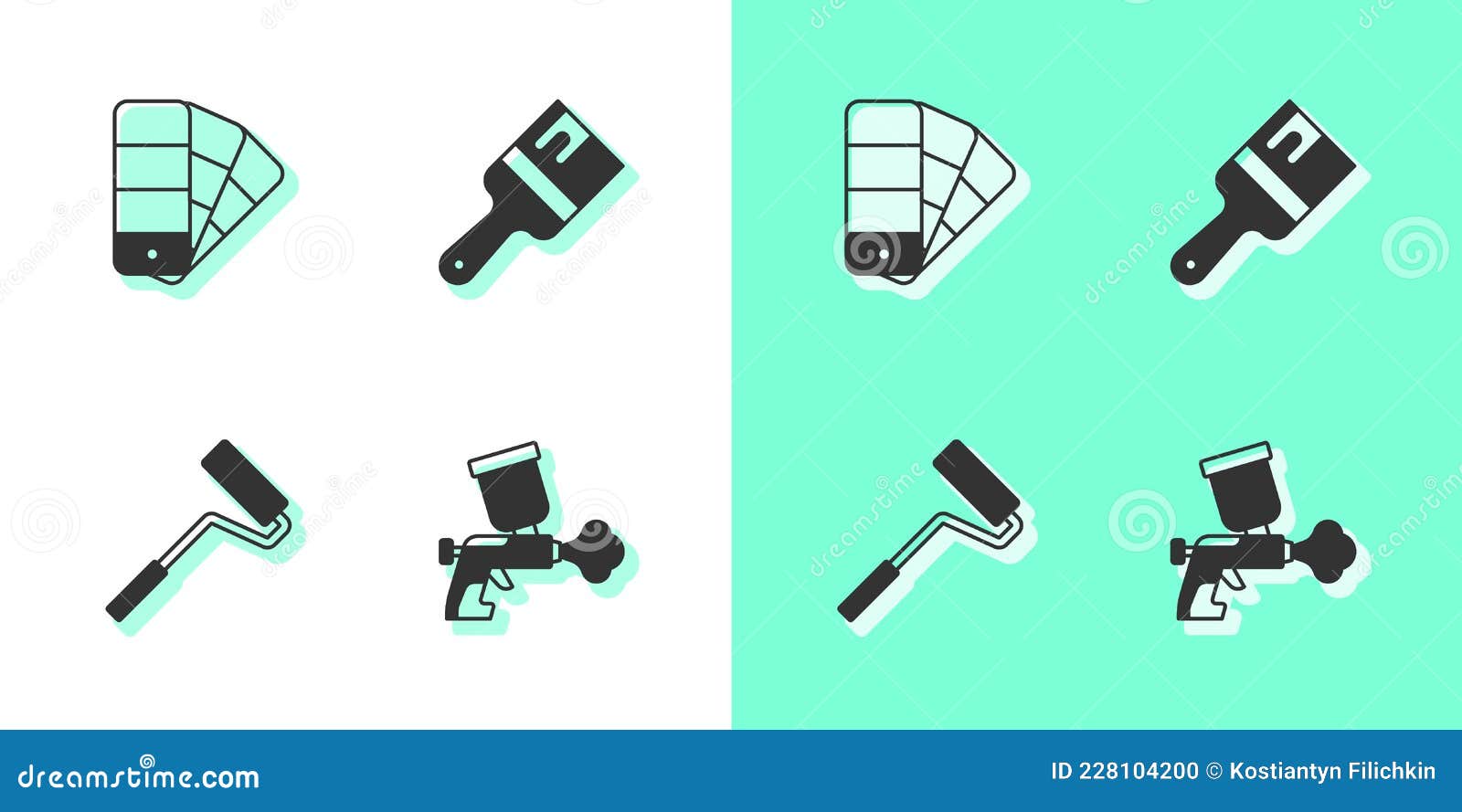 Set Paint Spray Gun, Color Palette Guide, Roller Brush and Icon. Vector ...