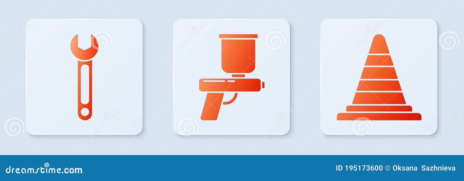 Set Paint Spray Gun, Wrench and Traffic Cone. White Square Button Stock ... Set Paint Spray Gun, Wrench and Traffic Cone. White Square Button Stock ...