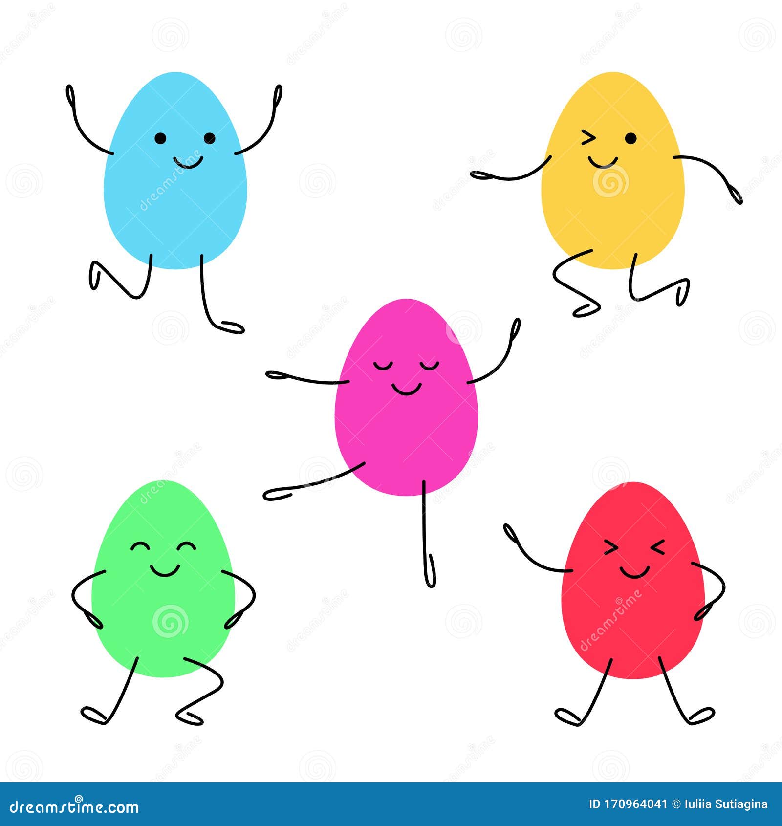 Set of Painted Easter Eggs with Faces. Colored Eggs Have Fun and Dance ...