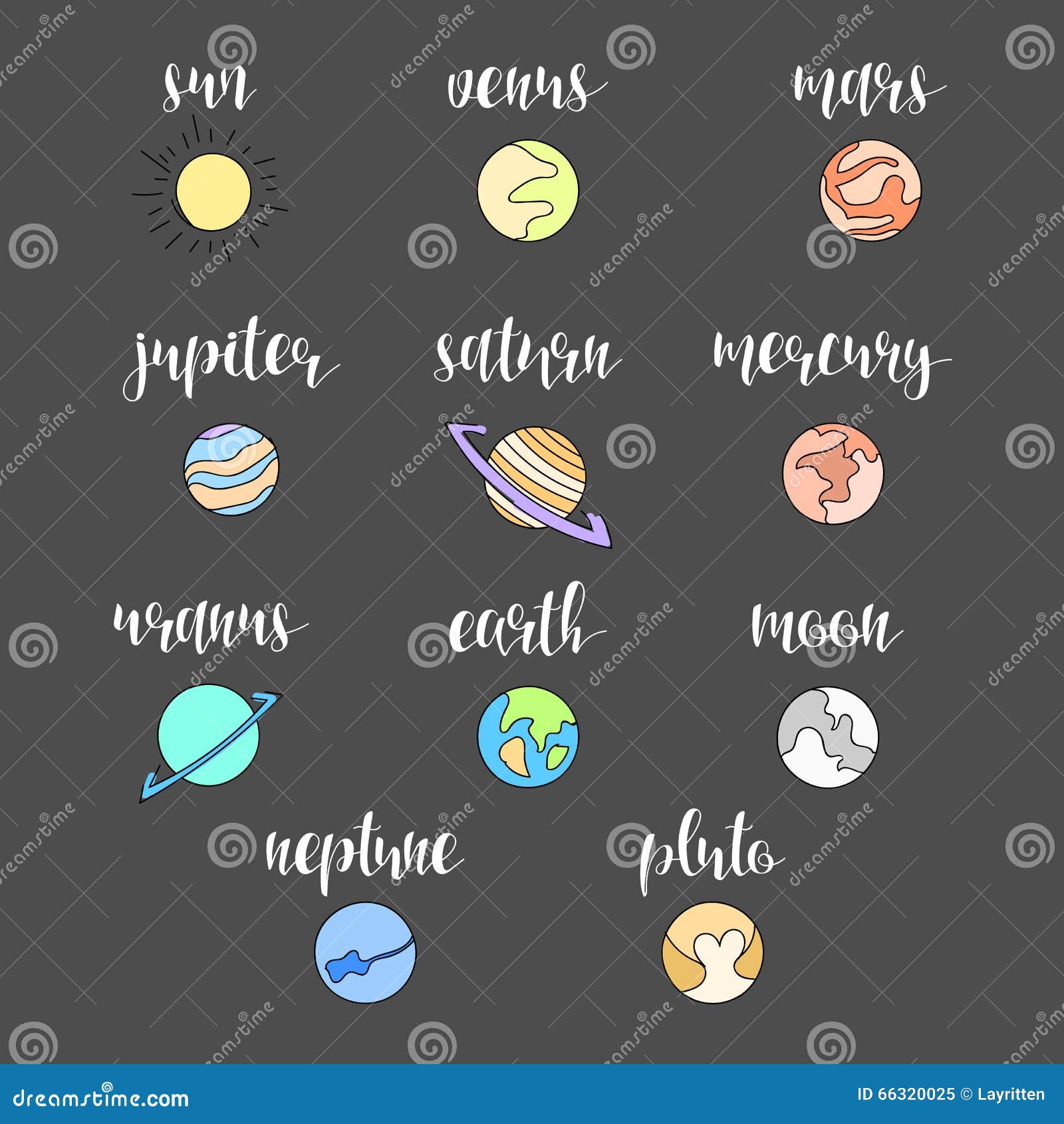 Set Painted Planets Handmade with Calligraphy. Doodle Space Planet ...