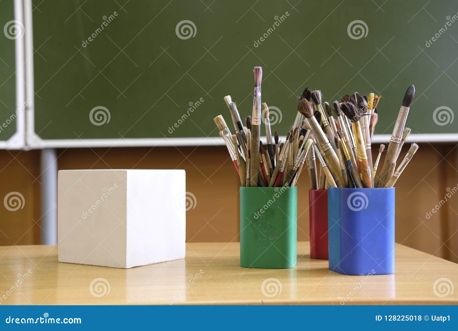 Set of the Painter`s Brushes with Plaster Cube Stock Photo - Image of ...