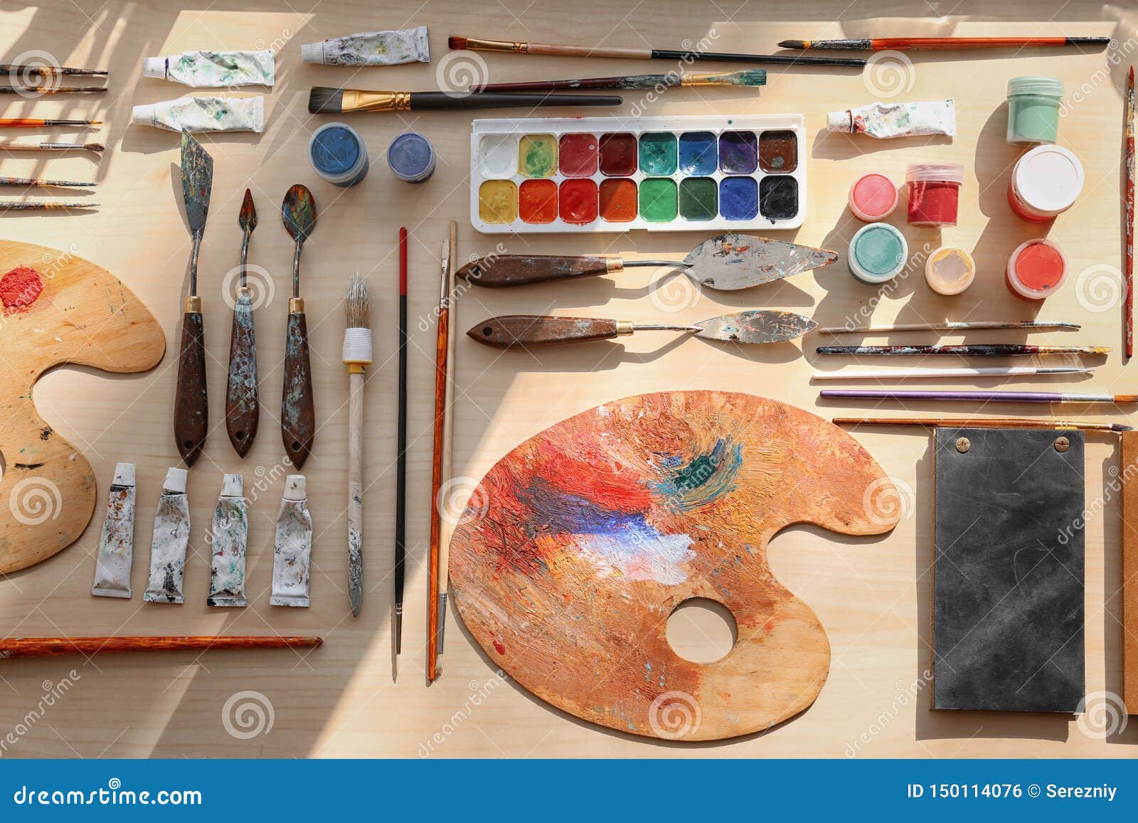 Set of Painting Tools on Table, Flat Lay Stock Photo - Image of ...
