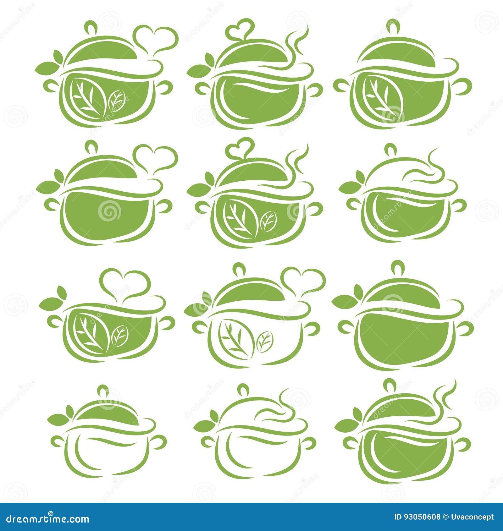 Set of Pans in Linear Drawing Style with Leaves and Hearts. Stock ...