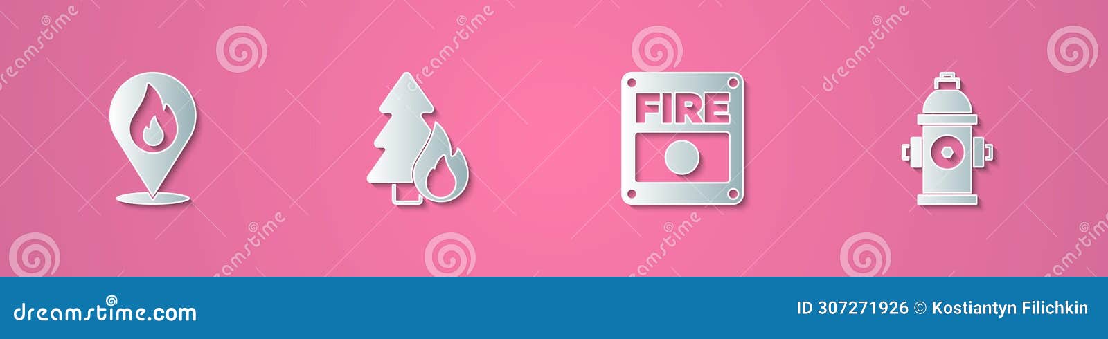 Set Paper Cut Location with Fire Flame, Burning Forest Tree, Fire Alarm ...