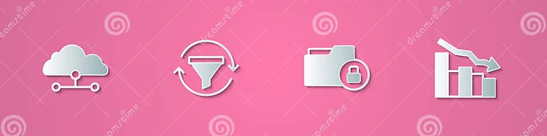 Set Paper Cut Network Cloud Connection, Sales Funnel with Chart, Folder and Lock and Financial ...
