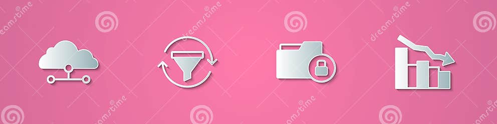 Set Paper Cut Network Cloud Connection, Sales Funnel with Chart, Folder and Lock and Financial ...