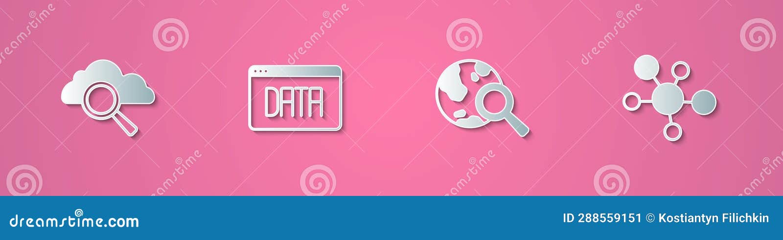 Set Paper Cut Search Cloud Computing, Data Analysis, Globe and Mind Map Infographic Icon. Paper ...