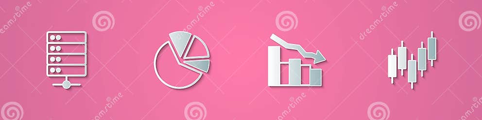Set Paper Cut Server, Pie Chart Infographic, Financial Growth Decrease and Browser with Stocks ...
