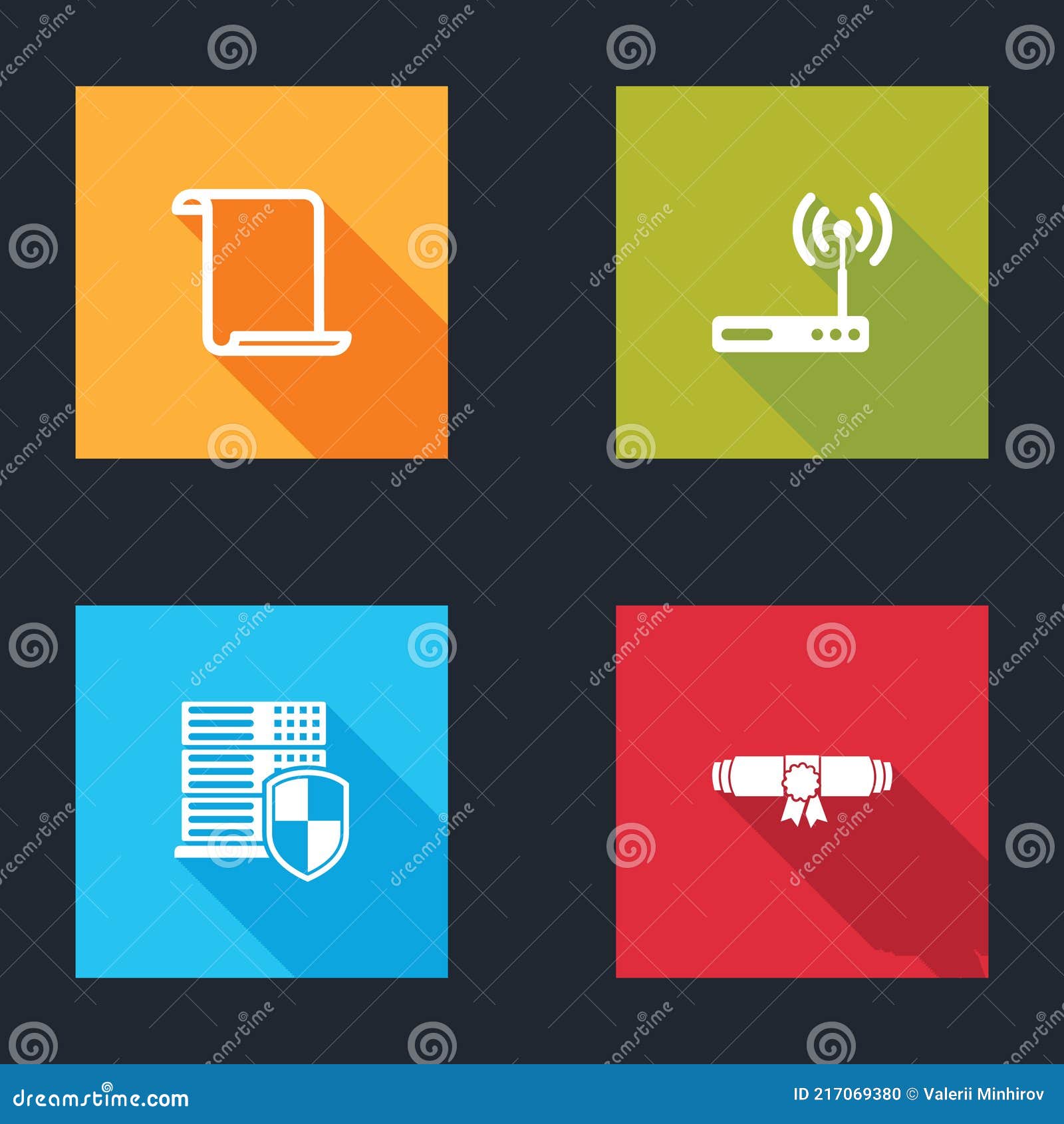 Set Paper Scroll, Router and Wi-fi, Server with Shield and Diploma ...