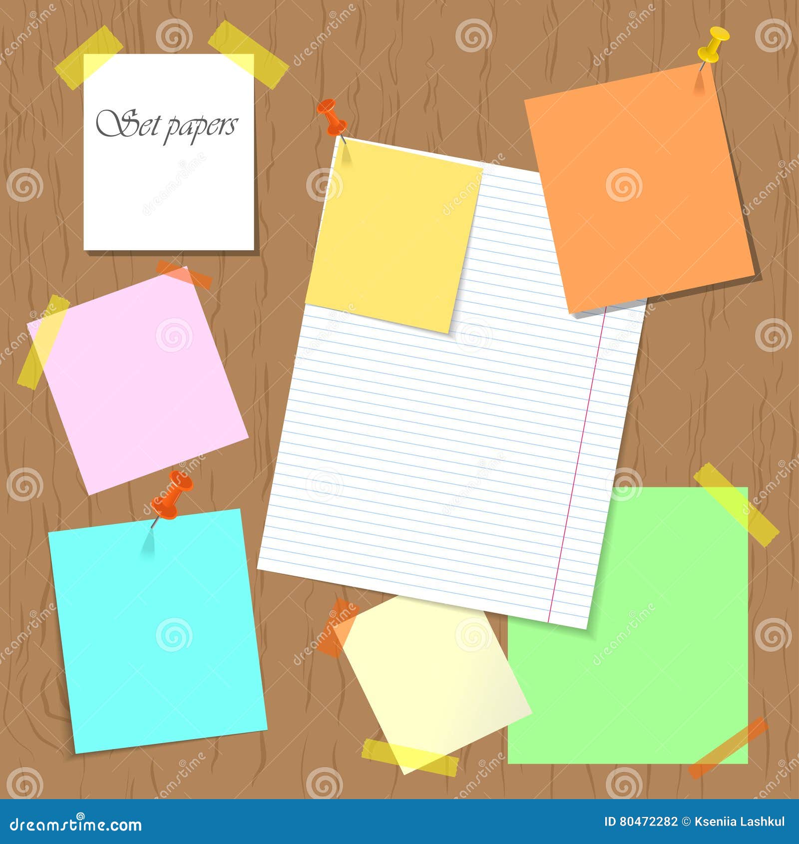Set of Papers Pinned and Attached To the Board. Stock Vector ...